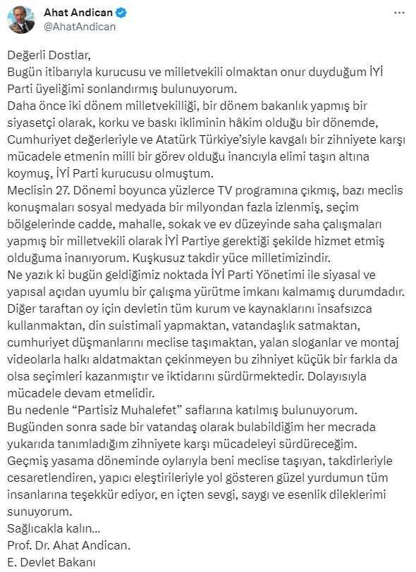 İYİ Parti Kurucusu Ahat Andican, görevinden istifa etti - Son Dakika